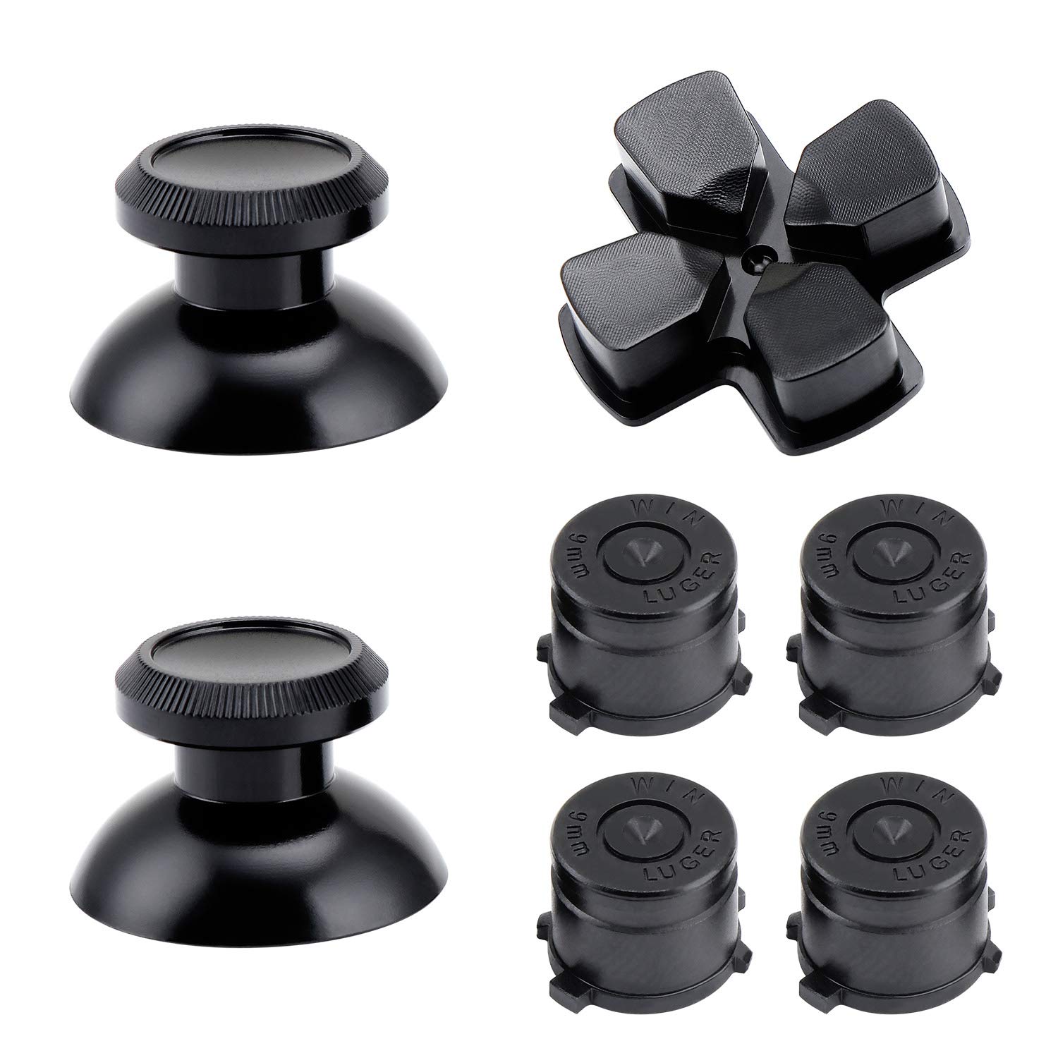 WiMas Aluminium Button Hats Thumb Grip Caps Bullet Buttons AXBY Button D-pad for PS4 7PCS （Black）