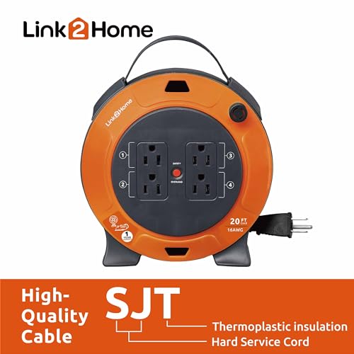 Link2Home Heavy Duty Retractable Extension Cord Reel 20 Ft. With 4 Outlets & 16AWG 3-Prong SJT Cord