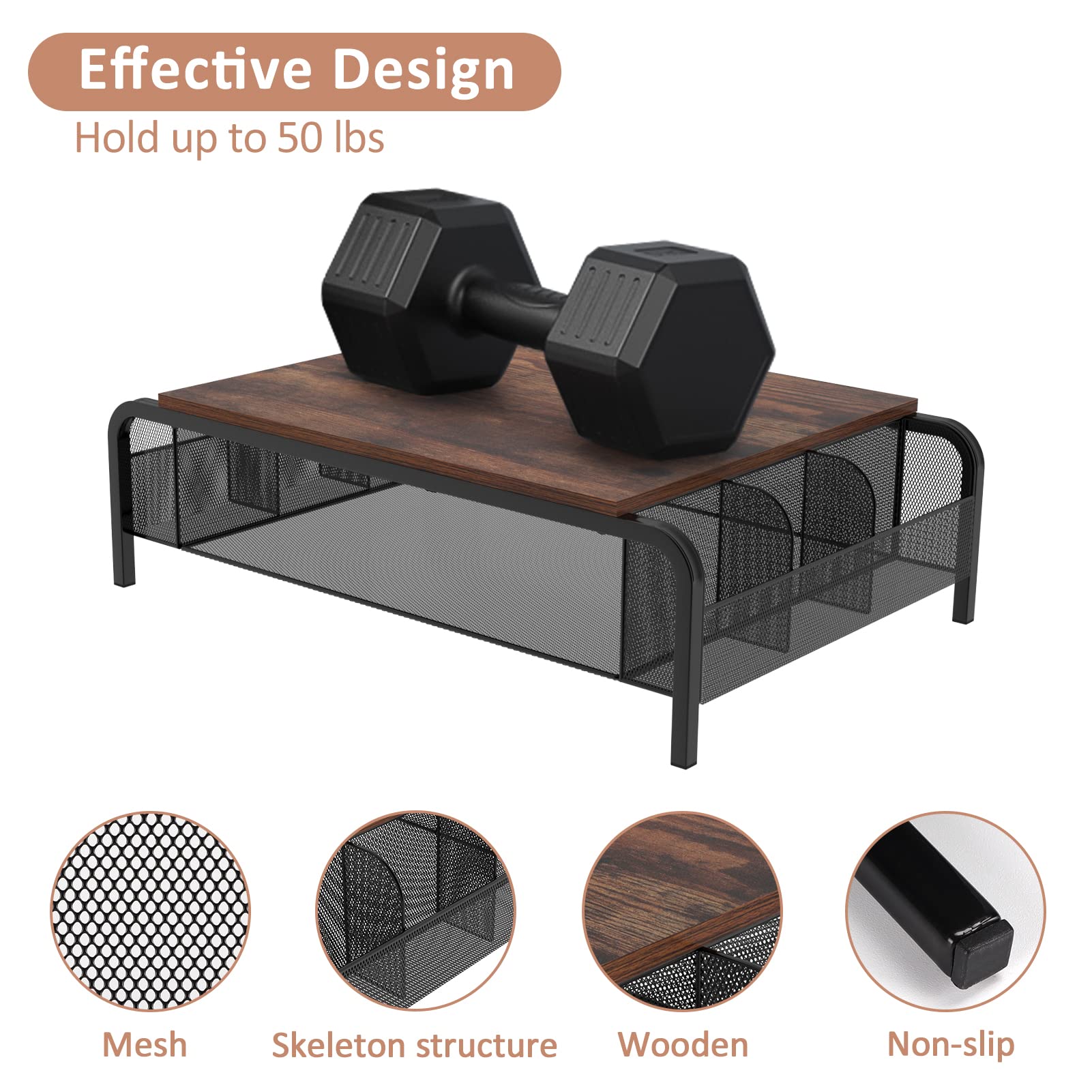Trwcrt Metal Desk Monitor Stand Riser with Organizer Drawer, Rustic Monitor Riser for Computer, Small Printer, Laptop, Black and Brown