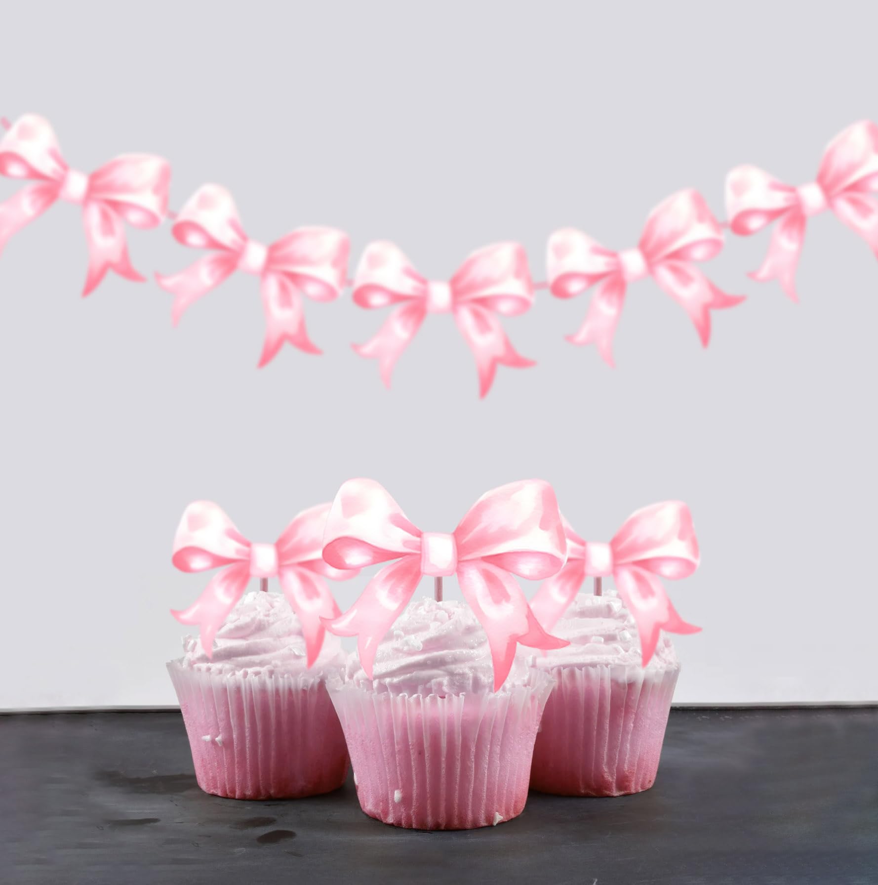 Pink Bow Garland+24Pcs Bow Cupcake Toppers,Bow Banner, Shower Decor,Pink Welcome Baby,Dessert Table Bunting,Coquette Theme Decorations,Double Sided