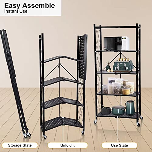 TIOPSUUO 5-Shelf Foldable Storage Shelf Unit on Wheels (No Assembly) Large Capacity Shelving Unit Steel for Kitchen, Garage, Basement, Pantry,Heavy Duty Steel Shelving Organizer Rack