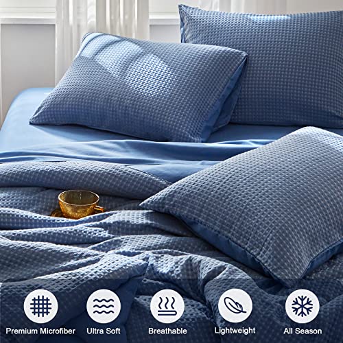 WARMDERN Blue Comforter Set Queen Size Waffle Weave Lightweight Bedding Comforter Sets Soft Microfiber Down Alternative Comforter 7 Pieces Bed in A Bag All Season(Blue, Queen)