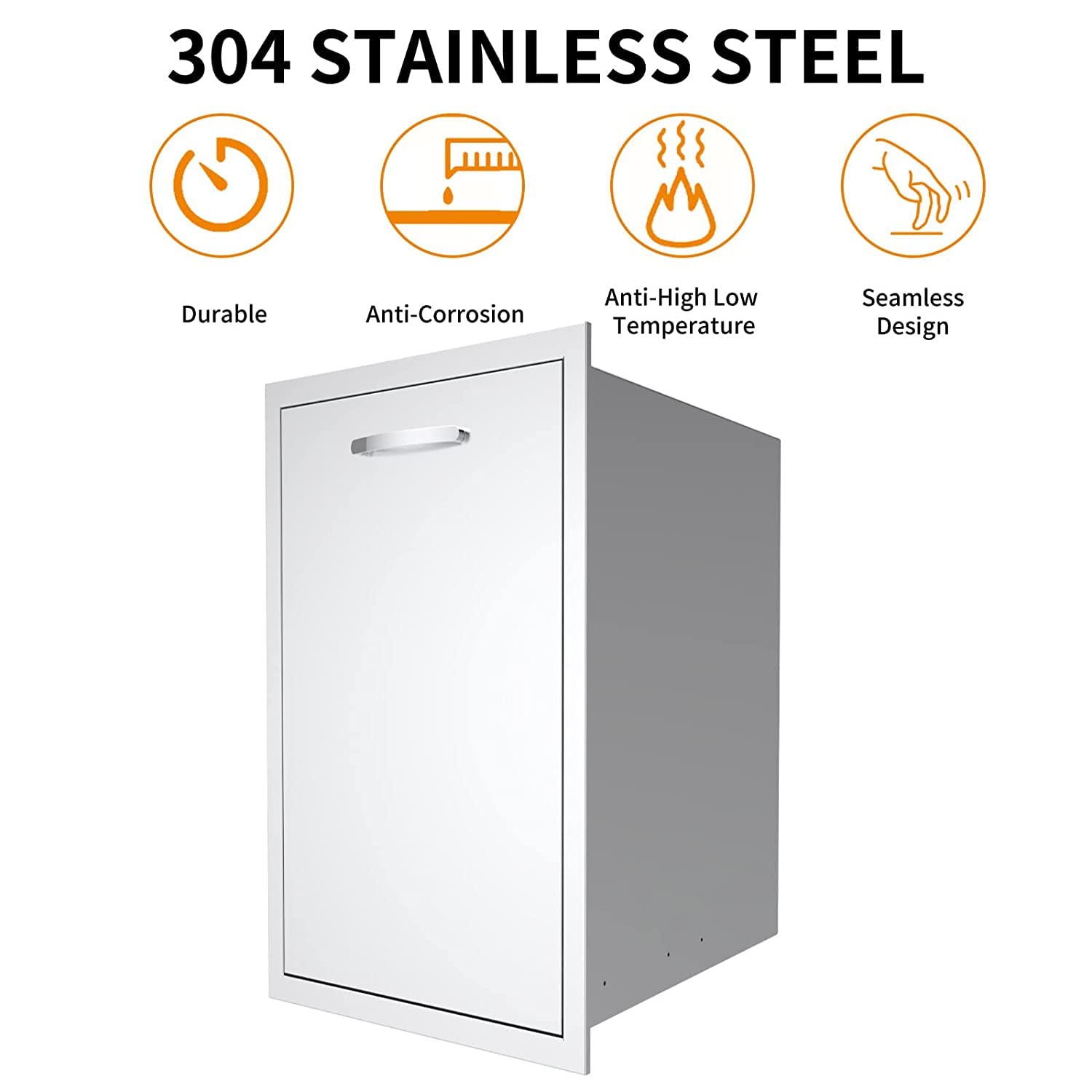 OUKIDR Built-in Single Trash Drawer Stainless Steel Outdoor Kitchen Trash Drawer Storage One Trash Bin for Outdoor Kitchen BBQ Island,14" W X 27" H X 20" D