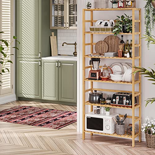 VIAGDO Bamboo Bathroom Shelf, 6-Tier Adjustable Tall Bookshelf, Multifunctional Storage Rack Freestanding Shelving Unit for Bathroom, Living Room, Bedroom, Kitchen, Laundry Room