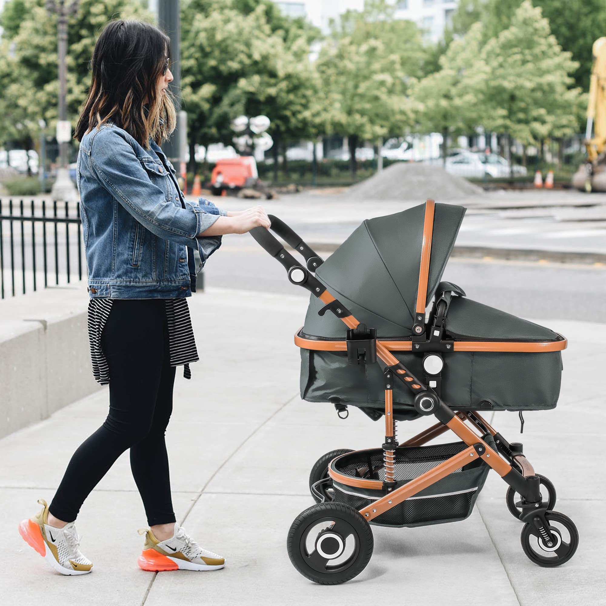 COLOR TREE 2 in 1 Baby Stroller, High Landscape Infant Stroller, Newborn Reversible Bassinet Pram, Foldable Pushchair with Foot Cover, Cup Holder, Net, Safety Wrist Strap (Celadon)