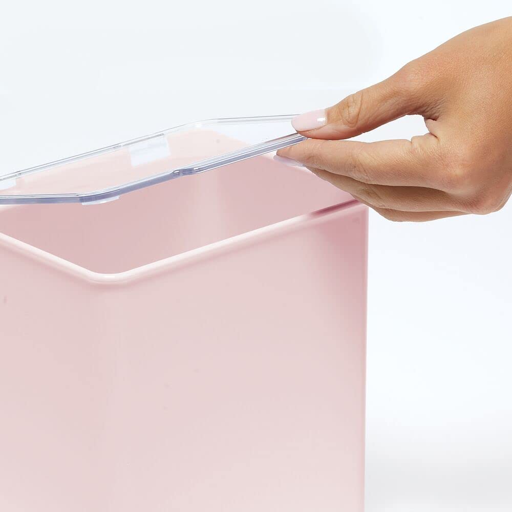 mDesign Plastic Stackable Box Household Storage Container with Attached Hinged Lid - Organizer for Entryway, Mudroom, Closet, Kitchen, Bathroom, Garage Kid's Room, Craft, 4 Pack - Light Pink/Clear