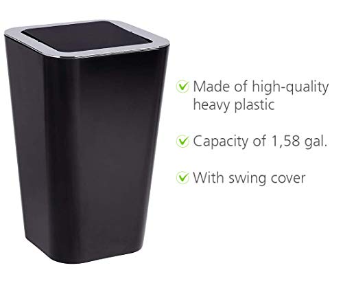 WENKO 22474100 Small Trash Can with Swing Top Lid, Mini Waste Basket, Stylish Garbage Bin for Bathroom, Bedroom, Kitchen, 1.6 Gallon, 7.1 x 11.2 x 7.1 in, Black, 6 L