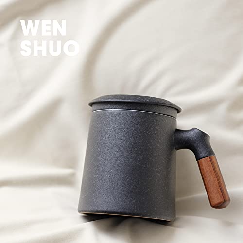 WENSHUO Sandalwood handle Tea Mug, Chinese Ceramic Tea Cup, with Infuser and Lid, 13 oz, Matte Grey