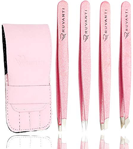 Ruvanti Tweezers 4 Pieces Set for Men/Women - Best for Plucking Eyebrow Facial & Ingrown Hairs, Slant Tip Pointed Straight & Precise - Pink