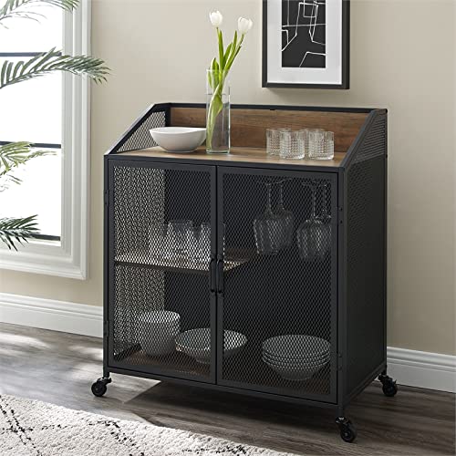 Walker Edison Malcomb Urban Industrial Metal Mesh Double Door Rolling Bar Cabinet, 33 Inch, Rustic Oak