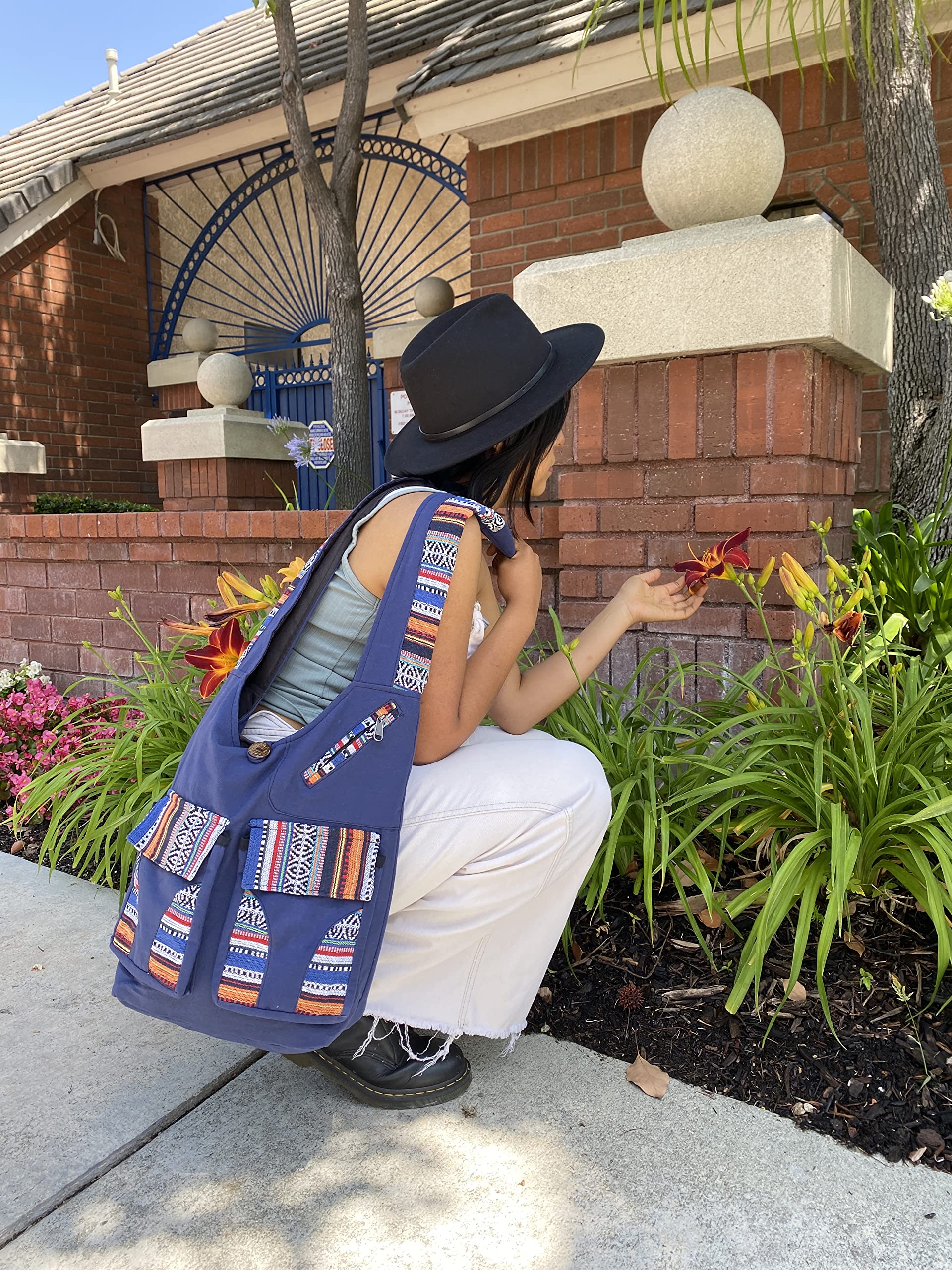 Navy Blue Cross Body Shoulder Bag with Woven Tribal Accent Design Large
