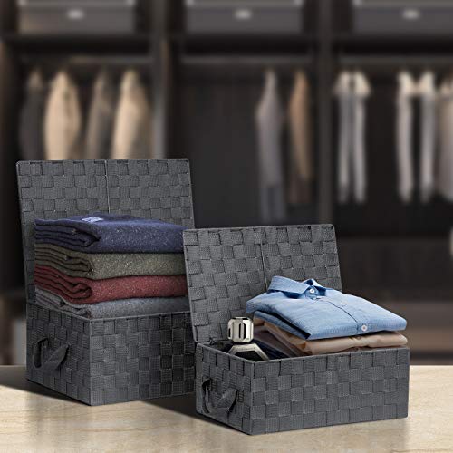 Sorbus Storage Box Woven Basket Bin Container Tote Cube Organizer Set Stackable Storage Basket Woven Strap Shelf Organizer Built-In Carry Handles (Woven Lid Baskets - Gray)