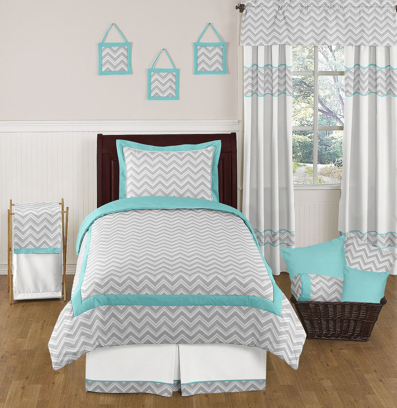Turquoise and Gray Chevron Zig Zag Fabric Memory/Memo Photo Bulletin Board by Sweet Jojo Designs