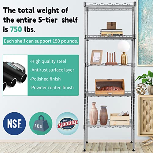 XXkseh 5 Tier Storage Shelves Wire Shelving Unit Adjustable Metal Shelf Heavy Duty Garage Storage Rack Wire Shelves Display Rack for Laundry Livingroom Kitchen, 16.7" L×11.8" W×47.6" H, Chrome
