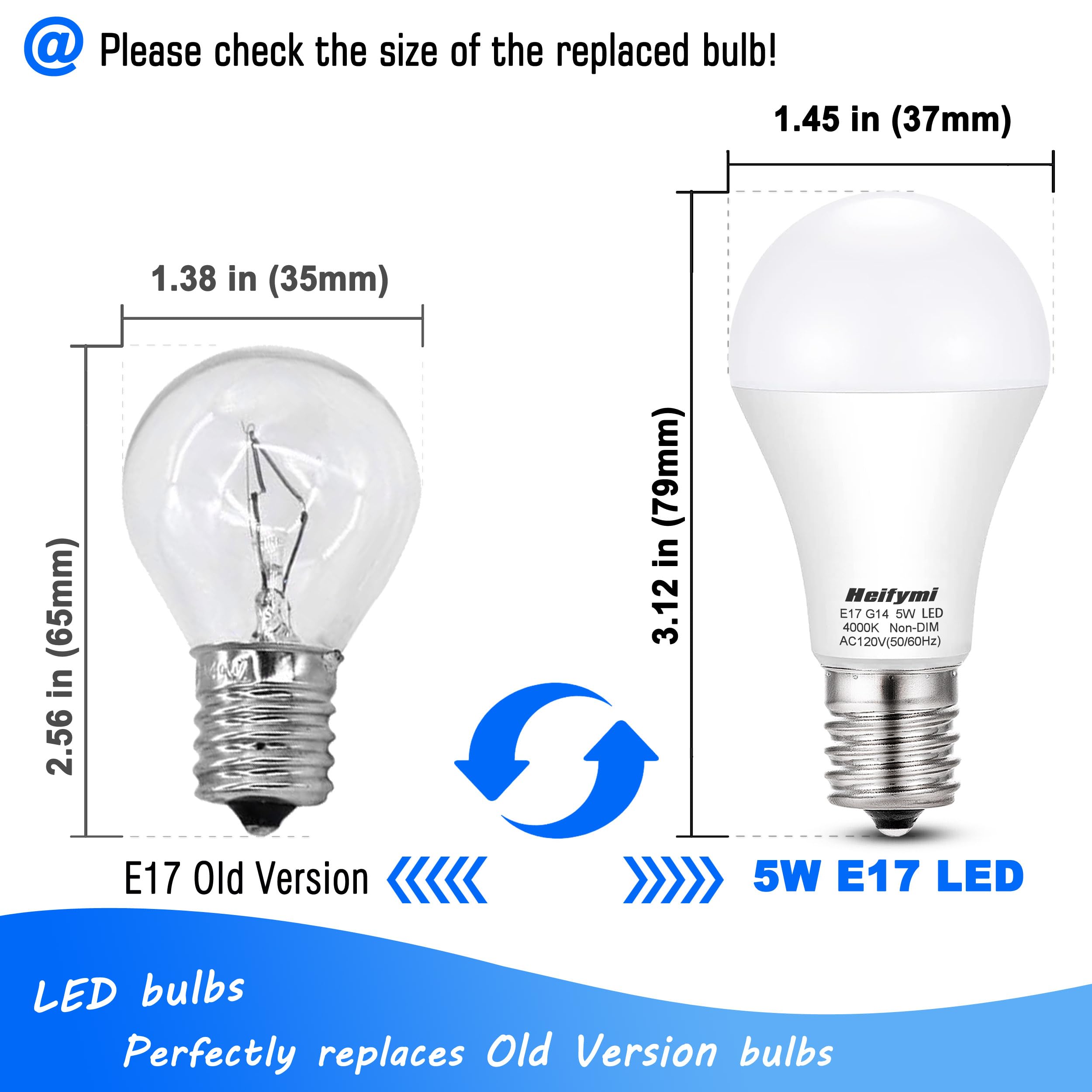 Heifymi E17 Intermediate Base 5W LED Bulb, 40 Watts Equivalent, Neutral/Natural White 4000K, 500 Lumens, AC120 Volts, LED Replacement for Chandelier Ceiling Fan Lights Bulbs, Non-dimmable(4 Pack)