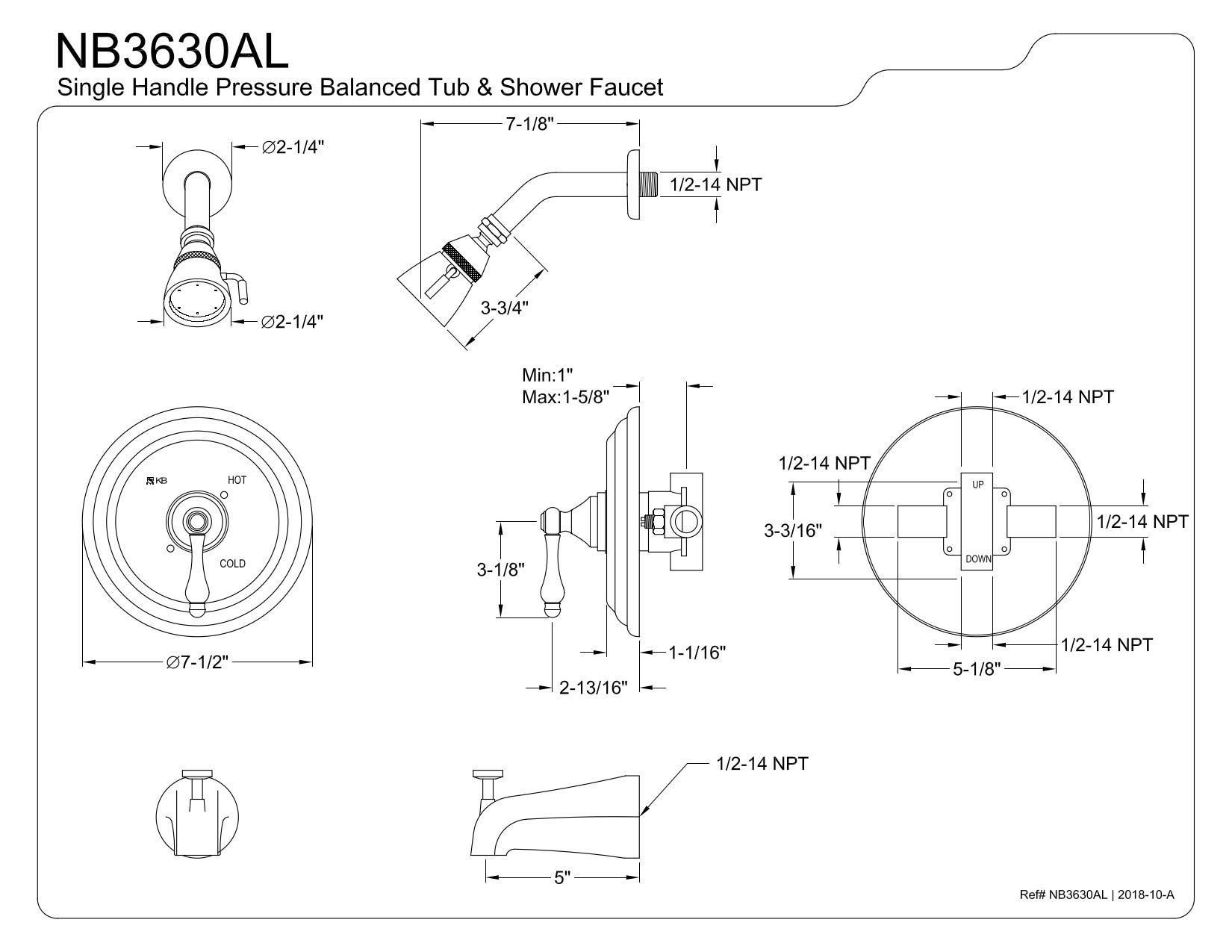 Kingston Brass NB3630AL Water Onyx Pressure Balanced Tub & Shower Faucet with Metal Lever Handle, Black Stainless Steel