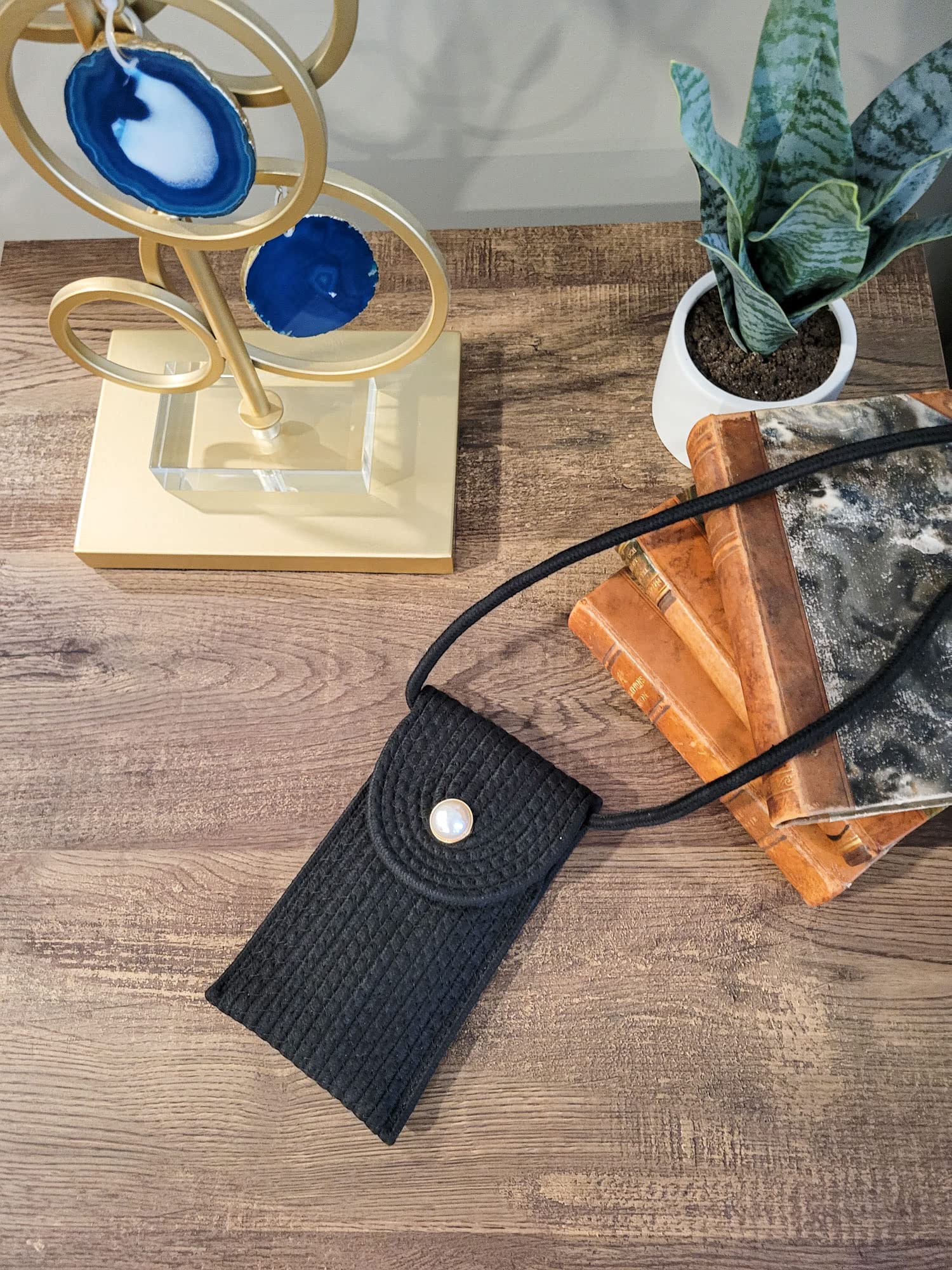 Woven Rattan Hand Crochet Crossbody Fabric bag (Cell Phone, Card Pocket) (Black)