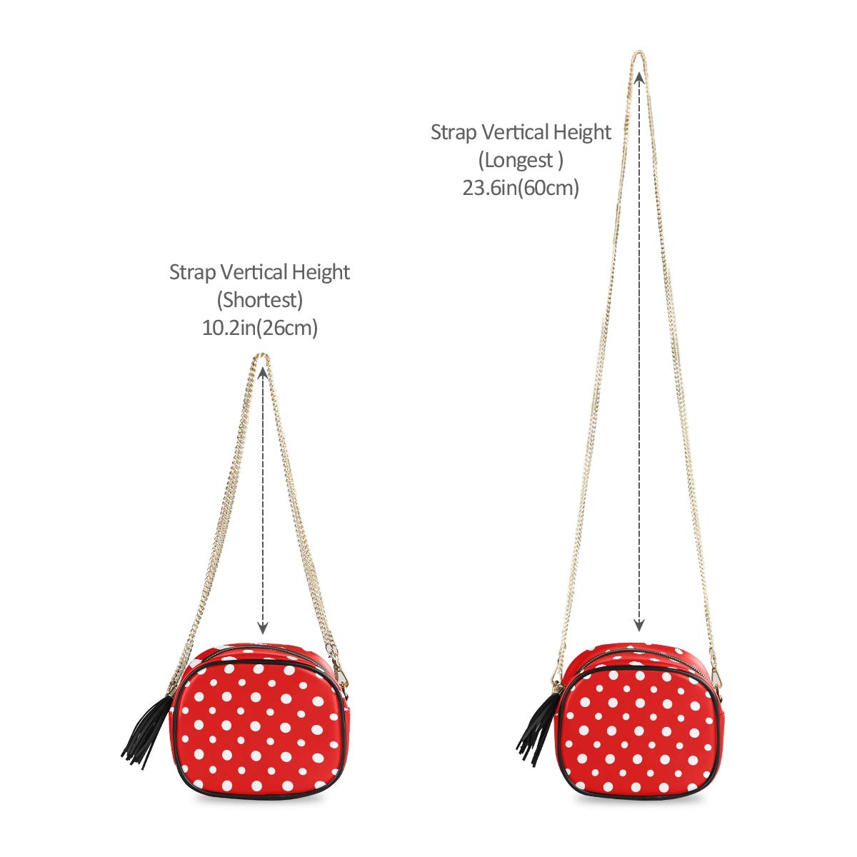 Vikko Red And White Polka Dot Small Crossbody Bag Handbag Purse PU Leather Women Shoulder Chain Bag With Metal Chain Strap And Tassel Top Zipper