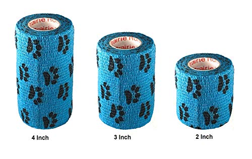 Vet Wrap Wrap Tape (Blue with Paw Prints) (2 Pack) (3 Inch x 15 feet) Self Adhesive Adherent Adhering Cohesive Flex Self Stick Bandage Grip Roll Dog Cat Pet Horse