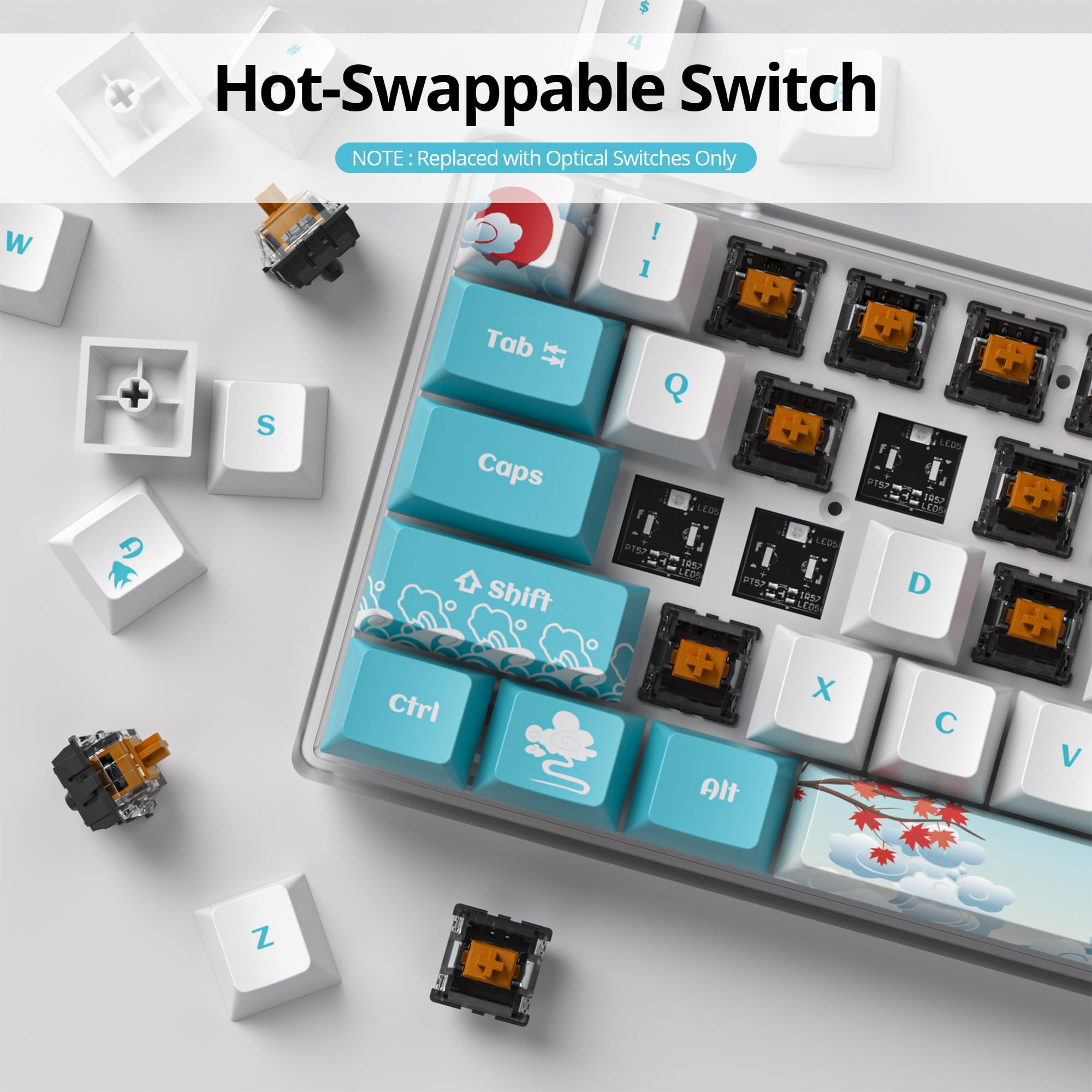 Guffercty kred 60 Percent Keyboard Mechanical Hot Swappable Gaming Custom Keyboard with RGB Backlit Type-C for Win/PC/Mac (Gateron Optical Blue, Sea)
