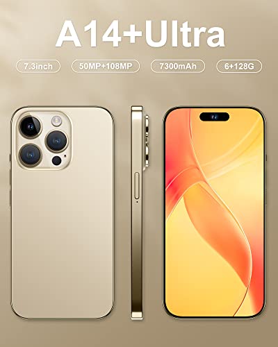 WV LeisureMaster A14 Pro Max 5G Unlocked Smartphone - 6GB+128GB Fully Unlocked Cell Phone for Android 11, 7.3", 7300mAh, 50MP+108MP Dual Camera(Gold)