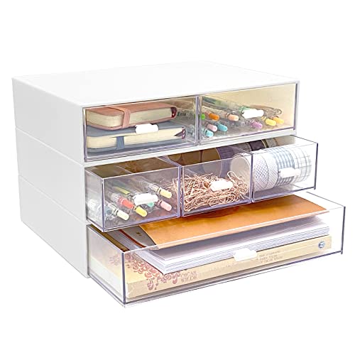 Vowcarol Desk Organizer Bathroom Organization Boxes, Desk Storage Box with 6 drawers, Plastic Makeup Organizer, Desktop Organizer for Office School Home (White)