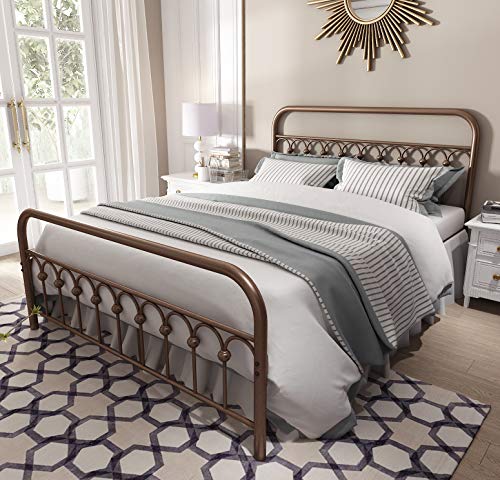YALAXON Vintage Sturdy Queen Size Metal Bed Frame with Headboard and Footboard Basic Bed Frame No Box Spring Needed，Antique Brown.