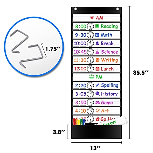VNOM Daily Schedule Pocket Chart, Class Schedule with 13+1 Pockets 18 Dry Eraser Cards 2 Easy Over Door Mountings for Classroom, School, Office or Home (13β x 35.5β) (BLACK)