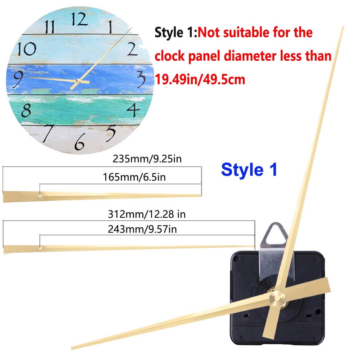 HILLHOME High Torque Long Shaft Hands Quartz DIY Wall Clock Movement Mechanism with 12 Inch Long Spade Hand Battery Operated Repair Parts Replacement, 3/10 in Max Dial Thickness, 9/10 in Total Length