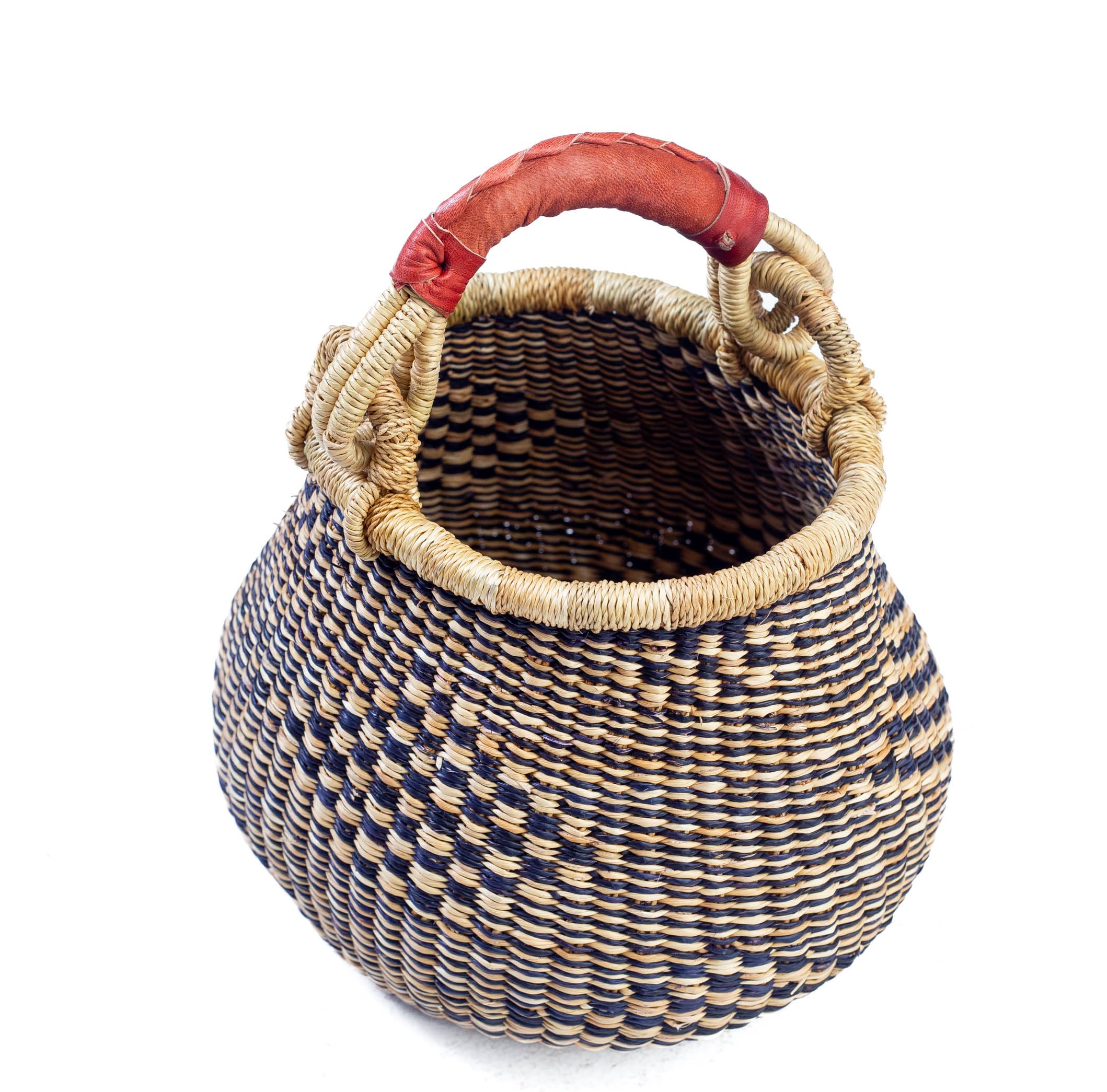 Market Basket Handwoven in Ghana Pot Shopping Bolga Leather Handle Storage African Basket (Large)