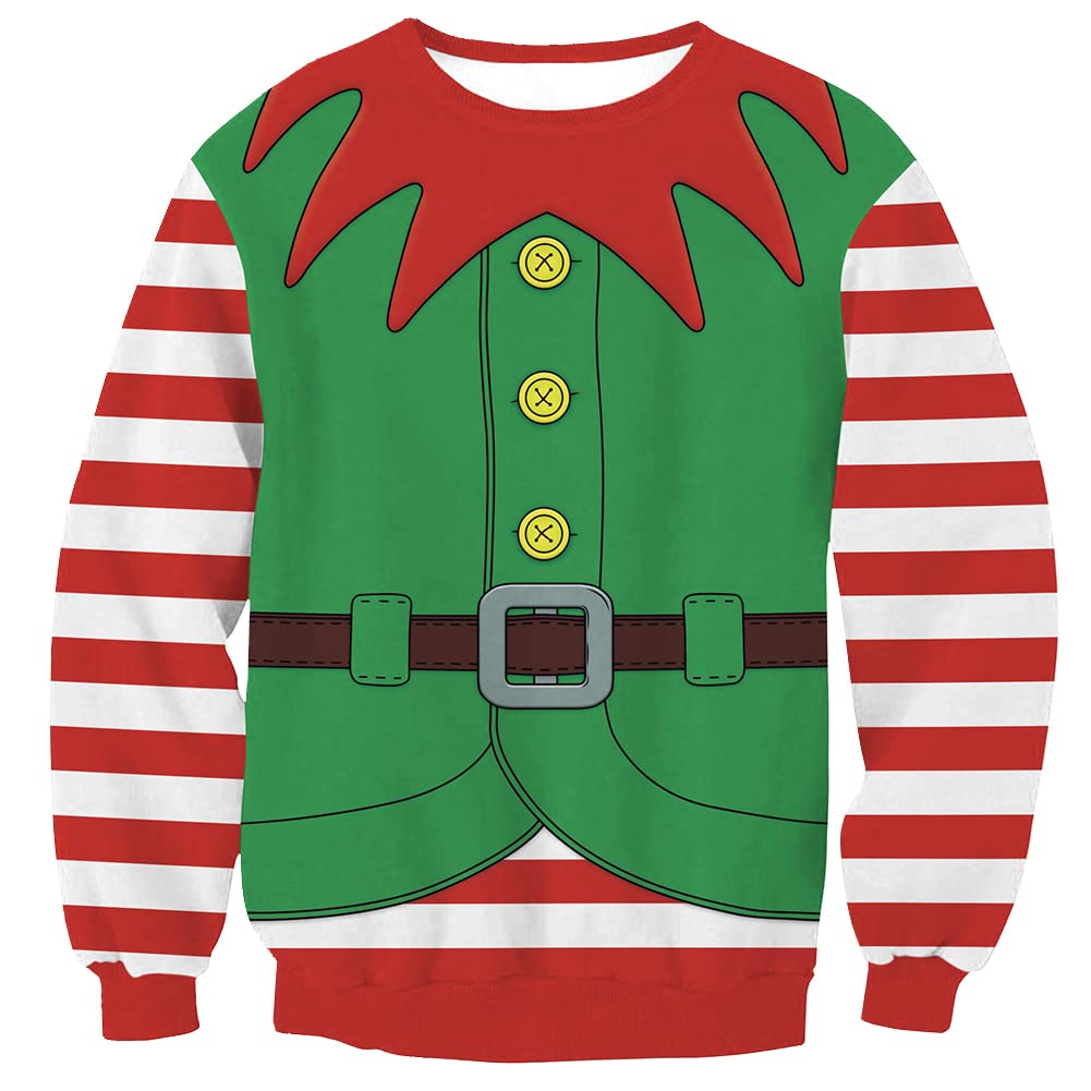 Arvilhill Christmas Men's Funny Ugly Sweater Casual 3D Printed Holiday Crew Neck Sweatshirt Elf Stripe L