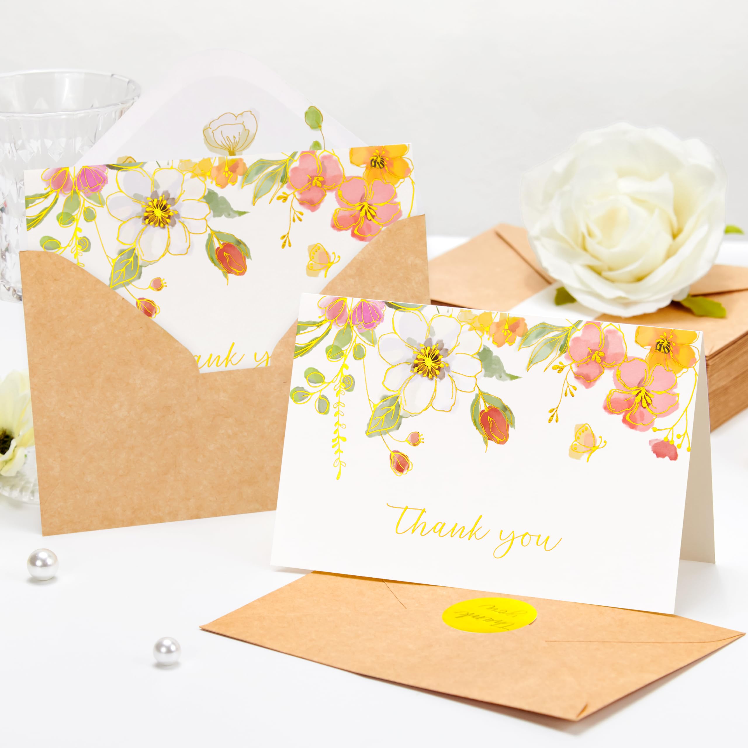 Crisky Wildflower Thank Cards with Envelopes 50 Pack bulk 4x6 Inch Kraft envelopes Flower Greeting Cards with Envelopes For Baby Shower, Wedding, Bridal Shower, Graduation