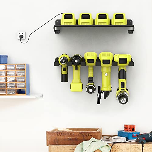 TORACK Wall Mount Power Tool Organizer, Cordless Drill Holder with 5 Slots and Storage Shelf, Power Tool Storage Rack for Garage, Home, Shed