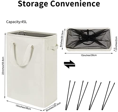 ZERO JET LAG Slim Laundry Hamper With Handles Collapsible Laundry Basket Thin Dirty Clothes Basket Narrow Laundry Bag Foldable Dirty Cloth Hamper 45L (21 inches,Beige)