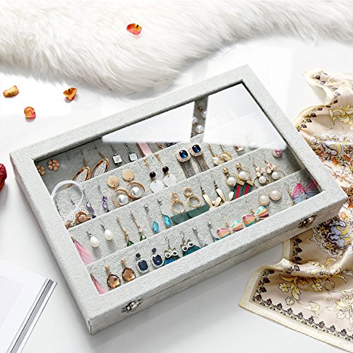 Wudygirl Velvet Clear Lid Earring Box Organizer Storage 32 Pairs Earrings Stud Tray Showcase Display Case(Earring Storage)