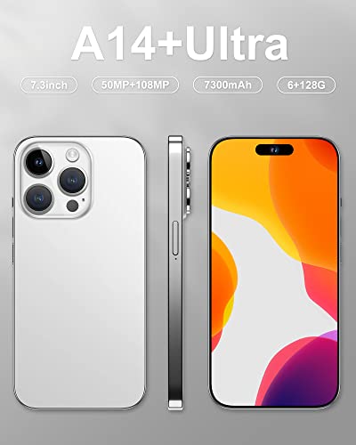 WV LeisureMaster A14 Pro Max 5G Unlocked Smartphone - 6GB+128GB Fully Unlocked Cell Phone for Android 11, 7.3" ,7300mAh, 50MP+108MP Dual Camera(White)