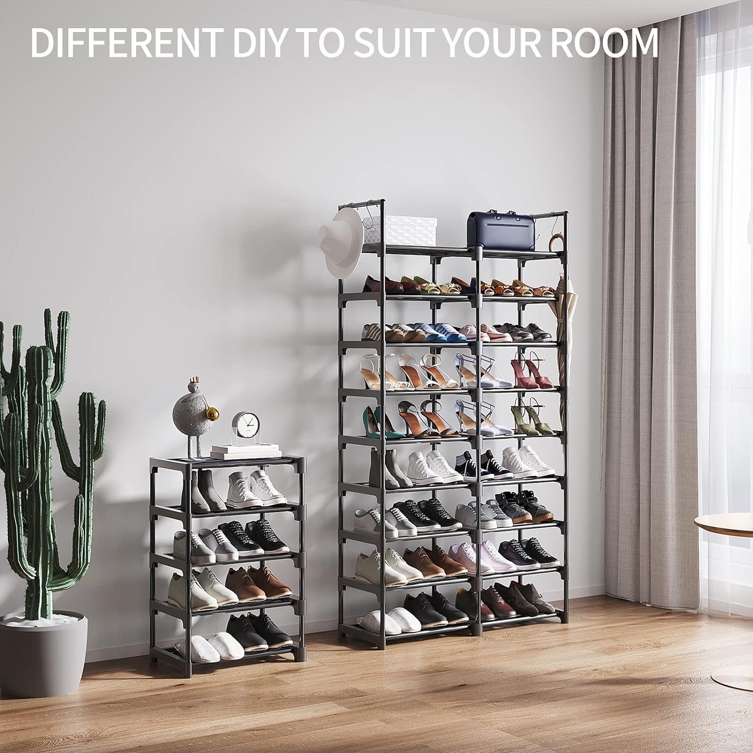 Piggy-G 9 Tiers Shoes Rack for Entryway, Shoe Organizer with Hook Rack, Shoe Storage Shelf Organizer Stackable Long Shoe Shelf for Hallway Entryway, Closet, Garage, Bedroom, Cloakroom