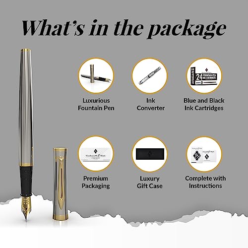 Wordsworth & Black Fountain Pen Set, Medium Nib, Includes 24 Ink Cartridges and Ink Refill Converter, Gift Case, Journaling, Calligraphy, Smooth Writing Pens [Silver Gold], Perfect for Men and Women