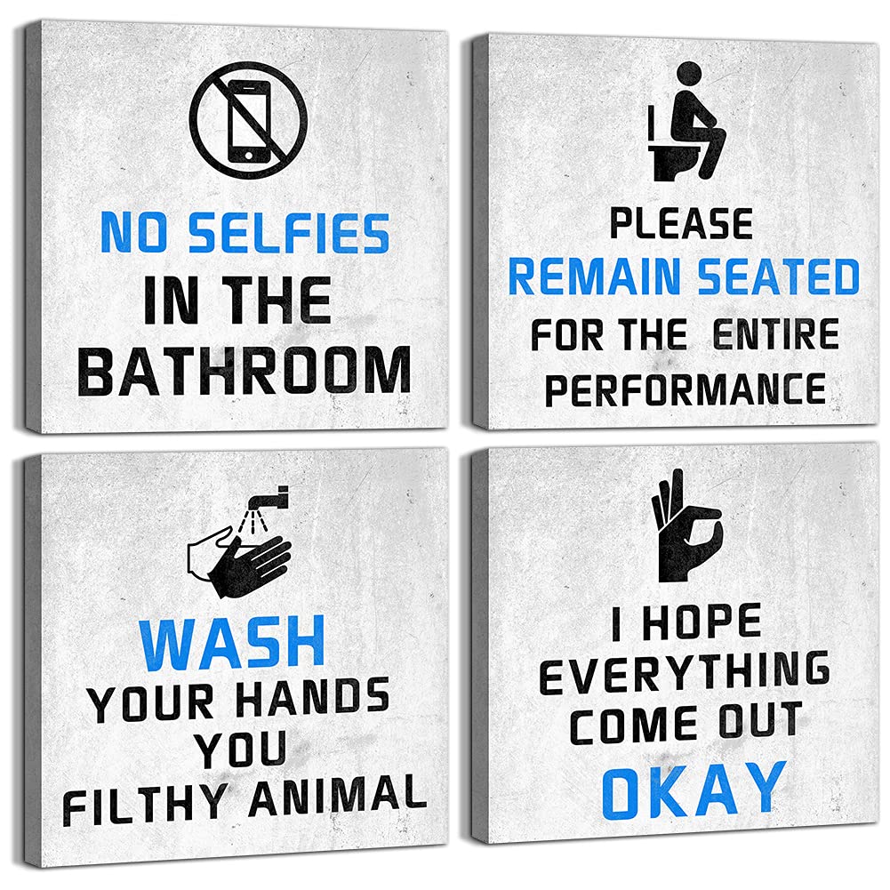 Funny Bathroom Signs Wall Decor Prints Framed Great Quotes and Sayings Canvas Wall Art Painting for Bathroom Decoration 4 Panels