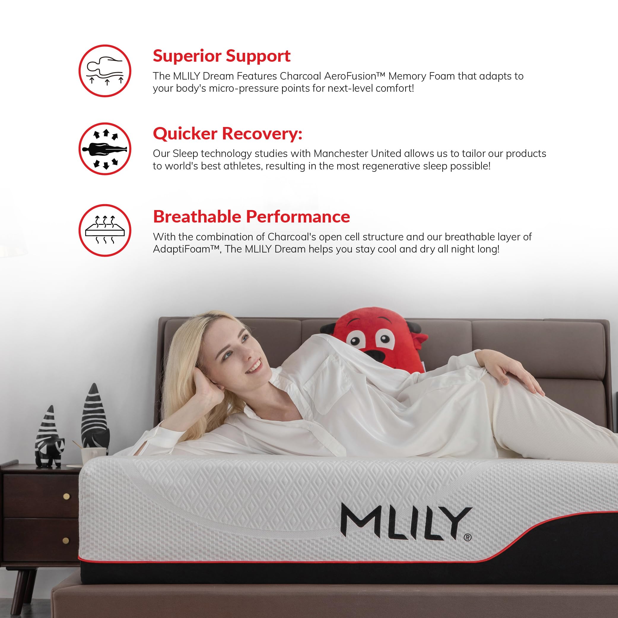 MLILY Twin XL Mattress, Manchester United 12 Inch Memory Foam Mattress, Cool Sleep & Pressure Relief, Made in USA, White