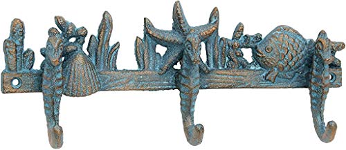 Stonebriar Decorative Cast Iron Seahorse Wall Hook Row, 11.2”, Turquoise