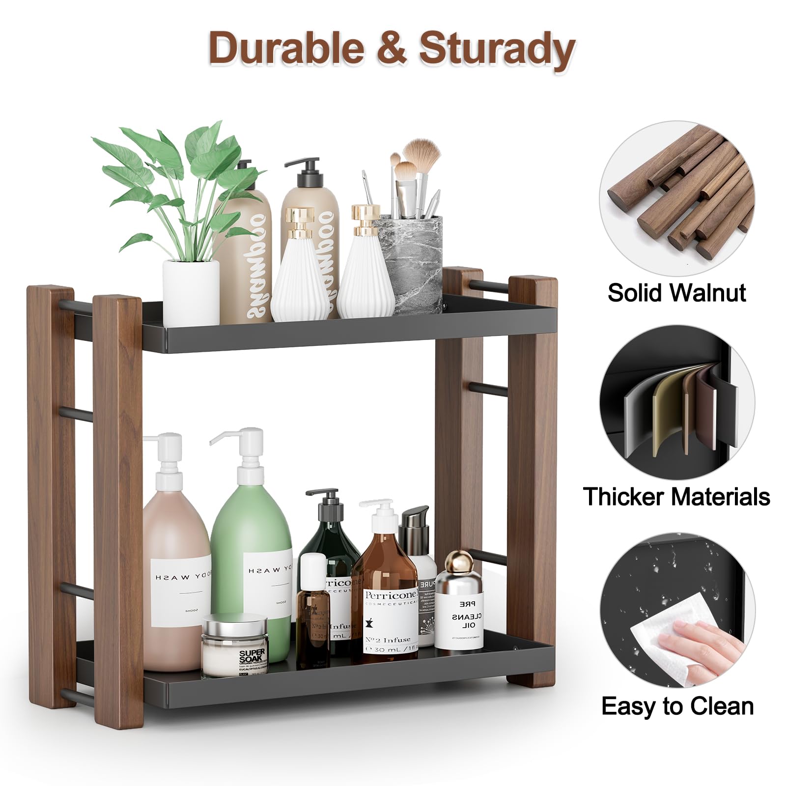U-Chain Bathroom Countertop Organizer - 2 Tier Standing Bathroom Counter Storage,Stylish Bathroom Sink Organizer Countertop for Bathroom Decor and Organization(Solid Walnut, Stainless Steel)