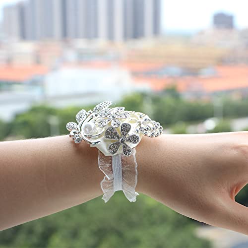 WANLIAN Wrist Corsage Peal Diamond Boutonniere for Bride Bridesmaid Prom Wedding Ceremony Anniversary 1 Pieces (Ivory)