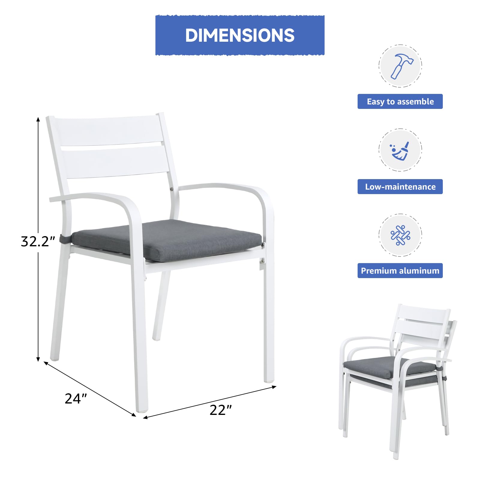 Soleil Jardin Outdoor Aluminum 4-Piece Patio Dining Chairs with Cushions, Stackable Bistro Chairs for Balcony, Garden, Backyard, White Finish & Grey Cushion