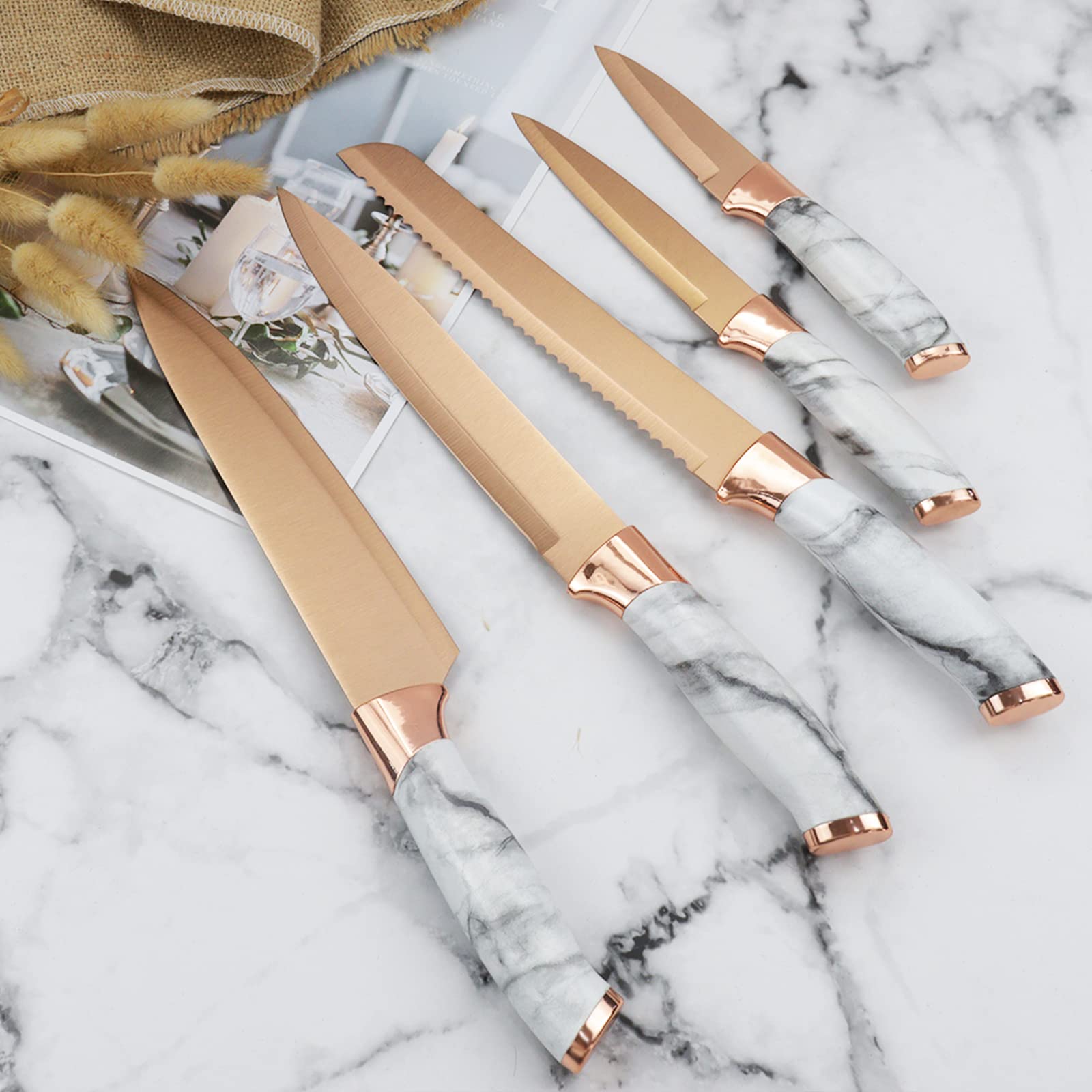 Knife Set Non Stick, Champagne Gold Knives Set with Acrylic Storage Block, 6 Pieces Sharp Knife Set, Stainless Steel Beautiful White Marbling Handle Rainbow Blade Kitchen Knife (Champagne Gold Blade)