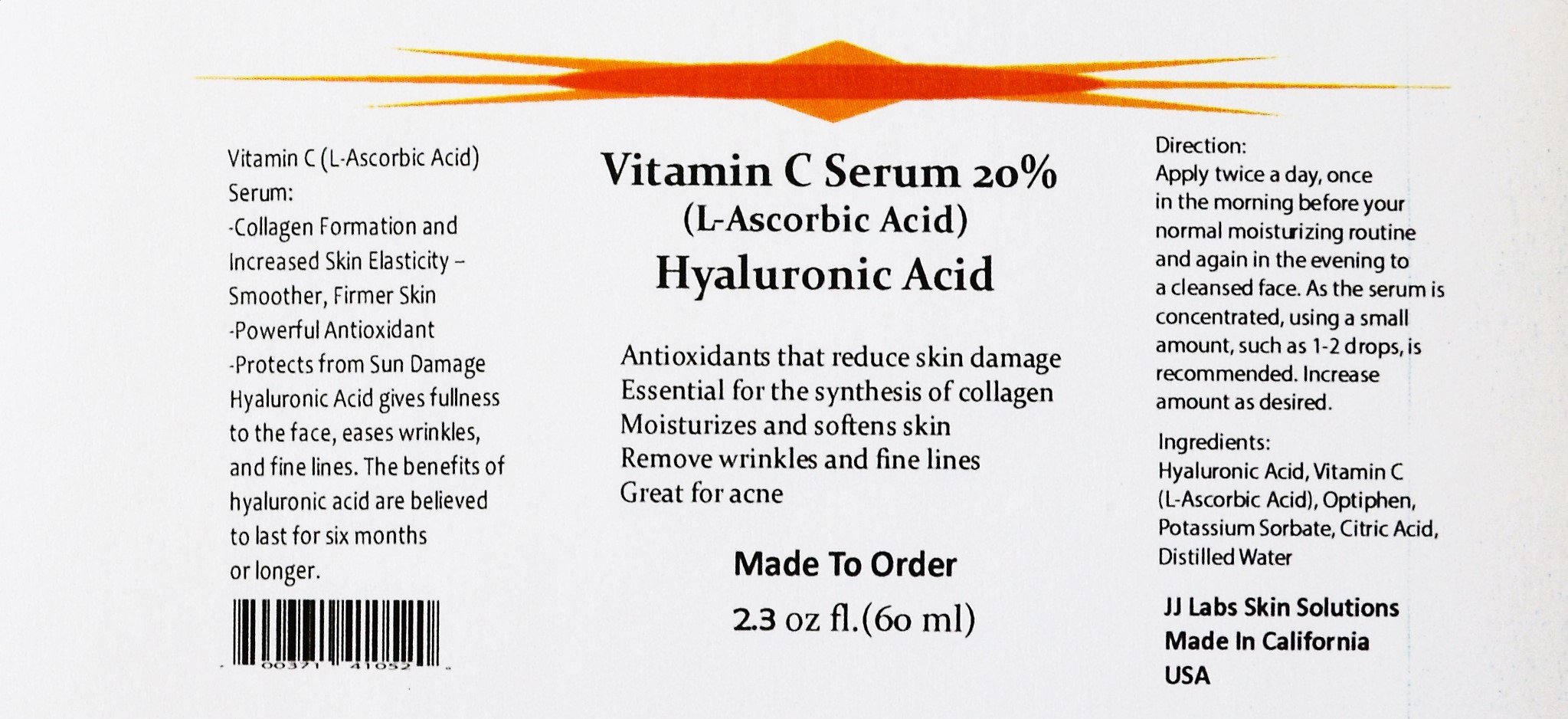 Vitamin C Skin Serum 20% (L-Ascorbic Acid) with Pure Hyaluronic Acid Anti Aging Serum (2oz)