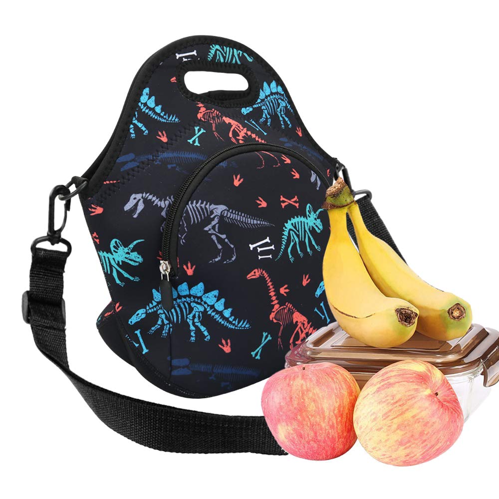 Violet Mist Neoprene Thermal Insulated Lunch Bag Tote Large with Extra Pocket Detachable Adjustable Shoulder Lunchbox Handbags Women men, Dinosaur-1