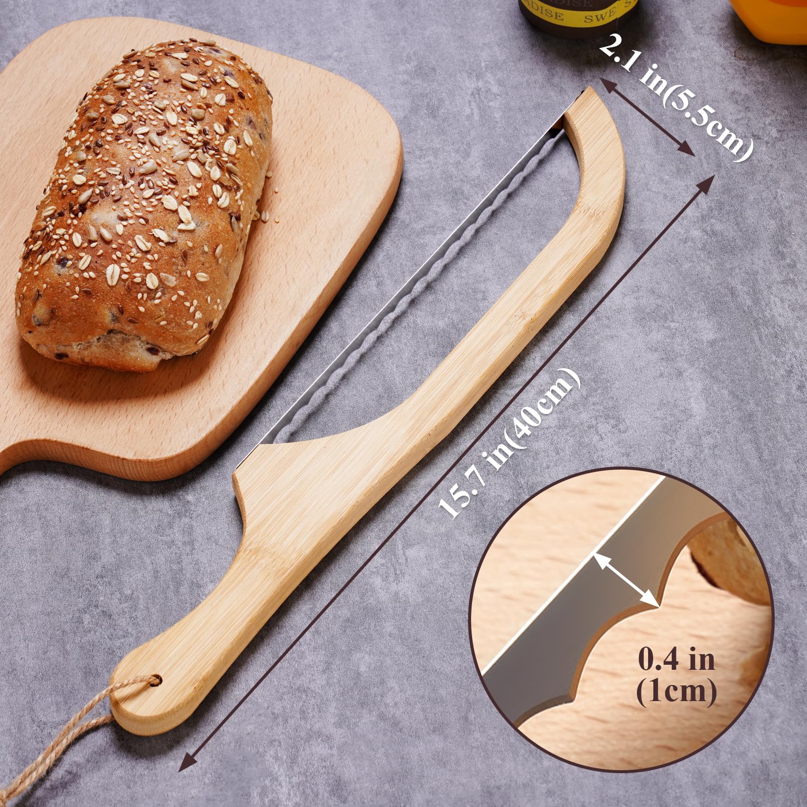 NiHome 15.7" Wooden Bread Bow Knife for Bread, Bagels, Fruits, Ergonomic Bamboo Handle Adjustable for Left or Right-Hand Use, Sharp Stainless-Steel Blade for Precision Slicing, Easy Storage Loop
