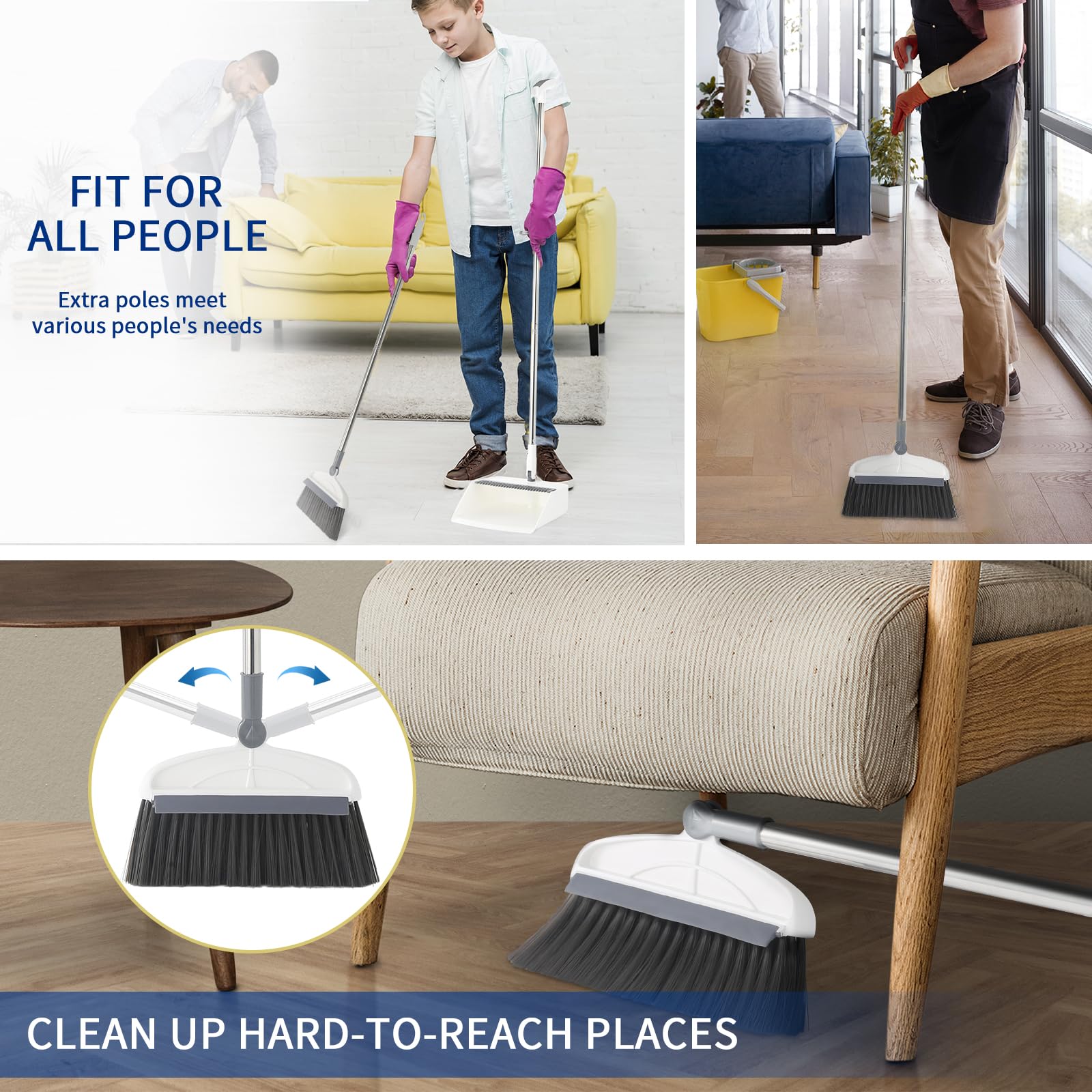 Broom with Dustpan Combo Set, 2 in 1 Broom and Dustpan Set with Long Handle, Upright 180° Rotating Broom with Brush and Lightwight Dust Pans for Home Kitchen Room Office Lobby Floor Cleaning,White