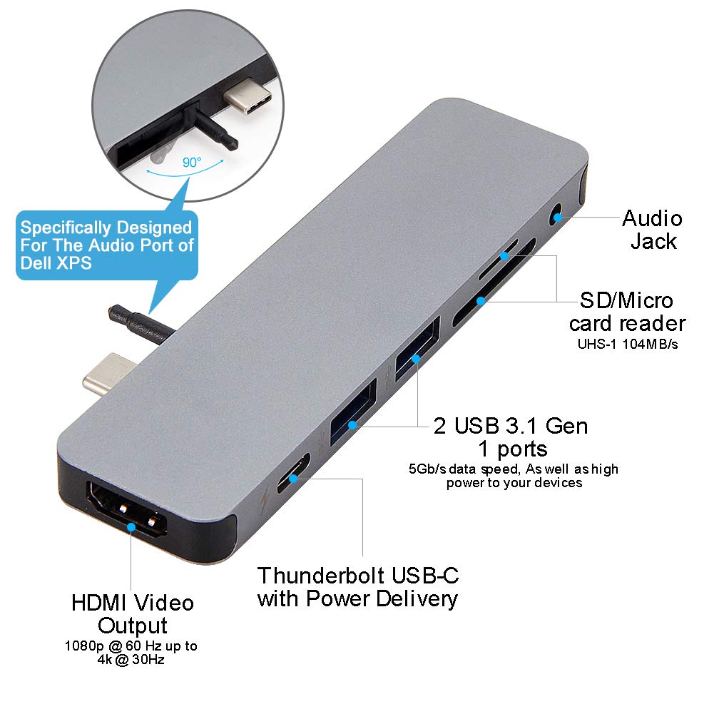 HyperDrive USB-C Hub Adapter, Sanho Solo 7-in-1 Type C Dongle for MacBook Pro, PC w USB-C Port: USBC 60W Power Delivery, USBC 5Gbps Data, 4K HDMI, microSD/SD Card Reader, 2xUSB 3.0, Audio Jack - Grey